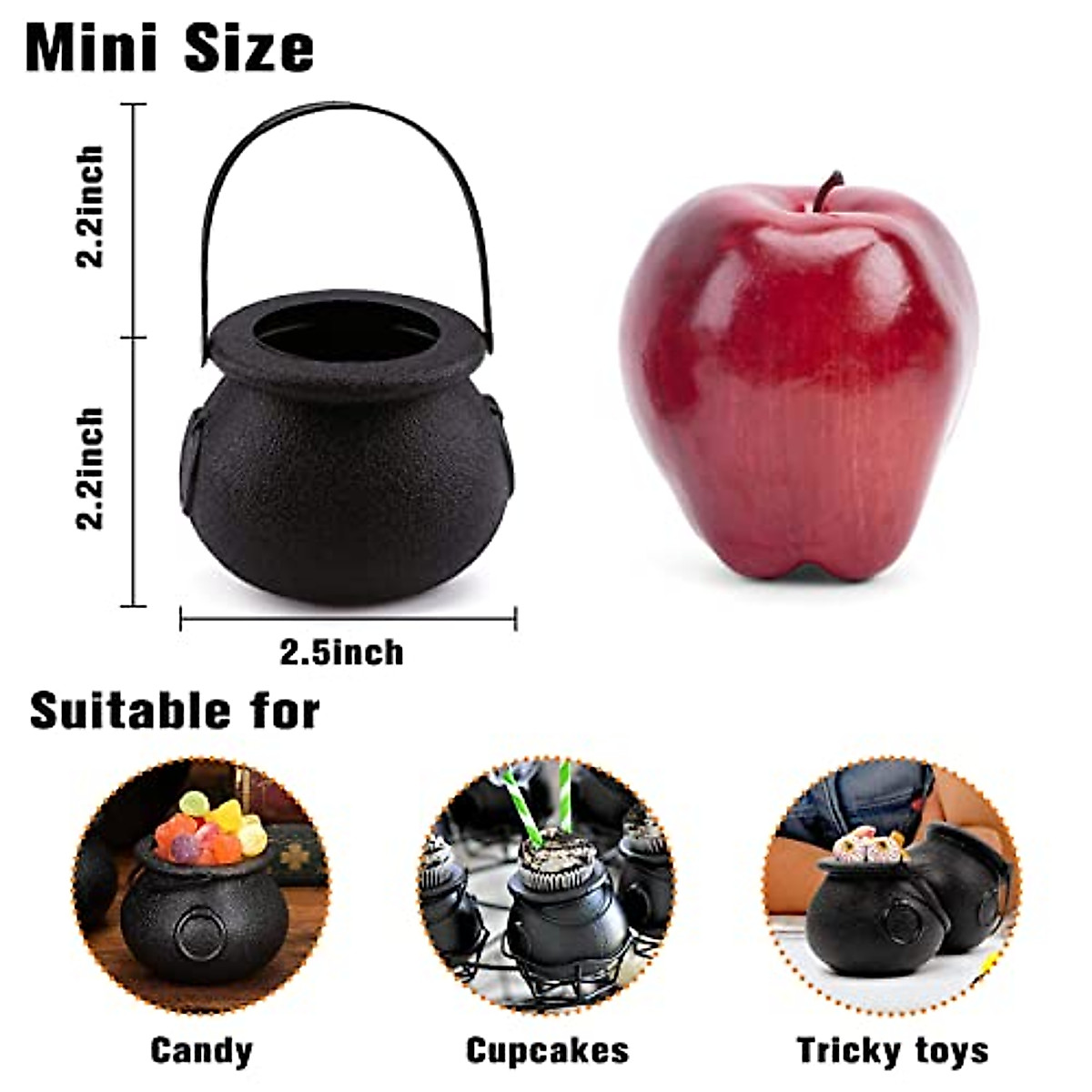 FUTUREPLUSX 12 PCS Black Cauldron Kettles, Plastic Witch Cauldron Candy Serving Bowls Mini Black Buckets for St.Patrick's Day Halloween Wizard Theme Party Favor Decor