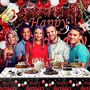 Red and Black Party Decorations, Happy Birthday Decorations for Men Women with Photography Backdrop & Tablecloth Balloons Arch Kit Banner Birthday Party Supplies Beer Bday Decor with Table Cover