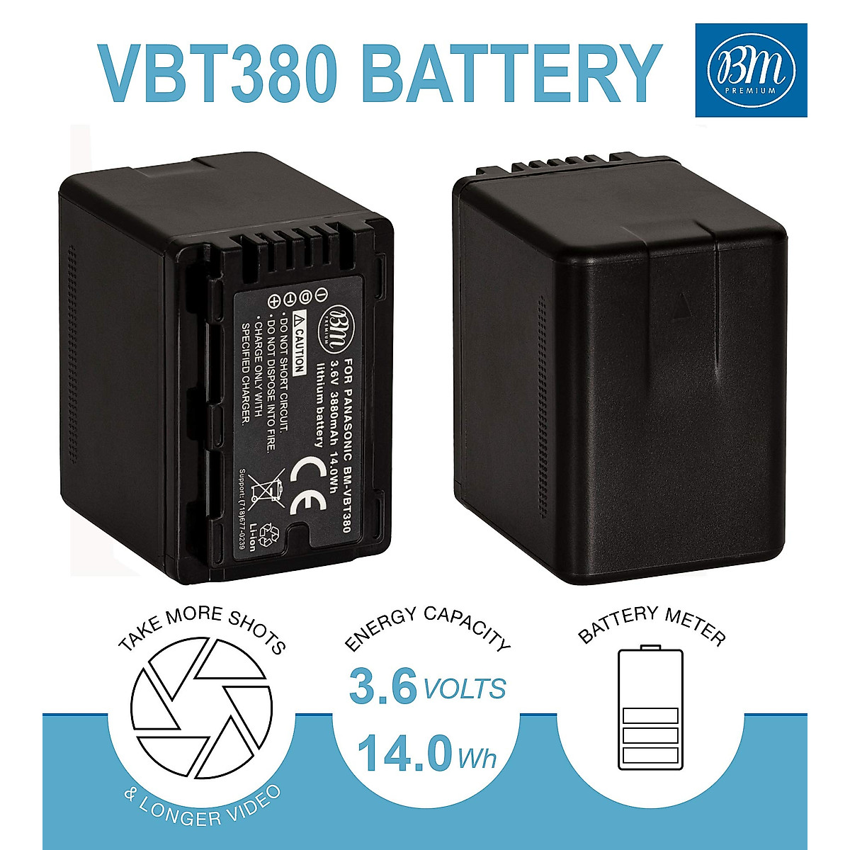 BM Premium 2 VW-VBT380 Batteries and Charger for Panasonic HC-V800K, HC-VX1K, HC-WXF1K, HCV510, HCV520, HC-V550, HCV710, HC-V720, HC-V750, HC-V770, HC-VX870, HC-VX981, HCW580, HC-W850, HC-WXF991