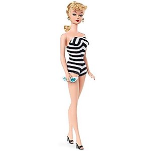 Barbie Signature Mattel 75th Anniversary Doll, Original 1959 Doll Reproduction in Black and White Swimsuit, with Wrist Tag, Gift for Collectors, Multi