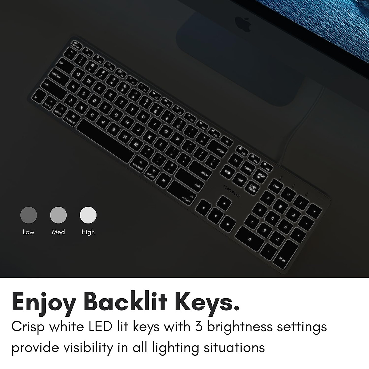 Macally Backlit Mac Keyboard Wired - Quiet, Sleek, and Functional - 3 Brightness Levels, 107 Keys - 5ft USB Wired Apple Keyboard - Backlit Wired Keyboard for Mac, iMac, MacBook Pro/Air - Space Gray