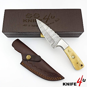 Knife4U Damascus Hunting Knife With Sheath|8"Best Camping,Hiking,Tactical,Survival Knife For Men|EDC Bushcraft Accessories Tool|Sharp Blade With Natural Handle And Knife Display Box (Camel Bone)