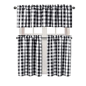 Hiasan 3 Piece Semi Sheer Black Kitchen Curtains Light Filtering Buffalo Checkered Tier and Valance Window Curtains Set