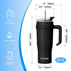 PLNEG Tumbler with Handle 40oz Insulated Water Bottle with Straw Lid Stainless Steel Travel Coffee Mug for Men Women gifts.（Black,Single）