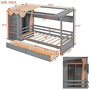 Merax Twin Size House Bed Frame with 2 Drawers, Built-in Wardrobe, Storage Shelves, Guardrail and Curtain, Wooden Bed for Kids