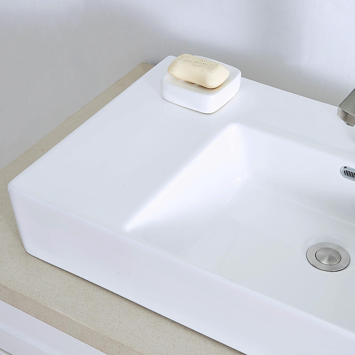 Bathroom Sink,White Wall Mounted Sink,Rectangle Wall Mount Bathroom Vessel Sink,24"X17"Modern Floating or Countertop Porcelain Ceramic Washing Bathroom Lavatory Sink,Right Side