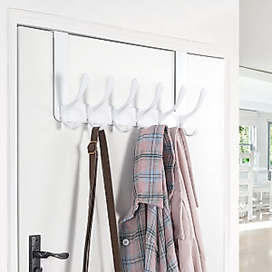 SKOLOO Over The Door Hooks - for doors up to 4.5cm thick, Stainless Steel Door Hanger with 6 Hooks, Over The Door Hanger for Coats Clothes Hat Towel Jacket, White