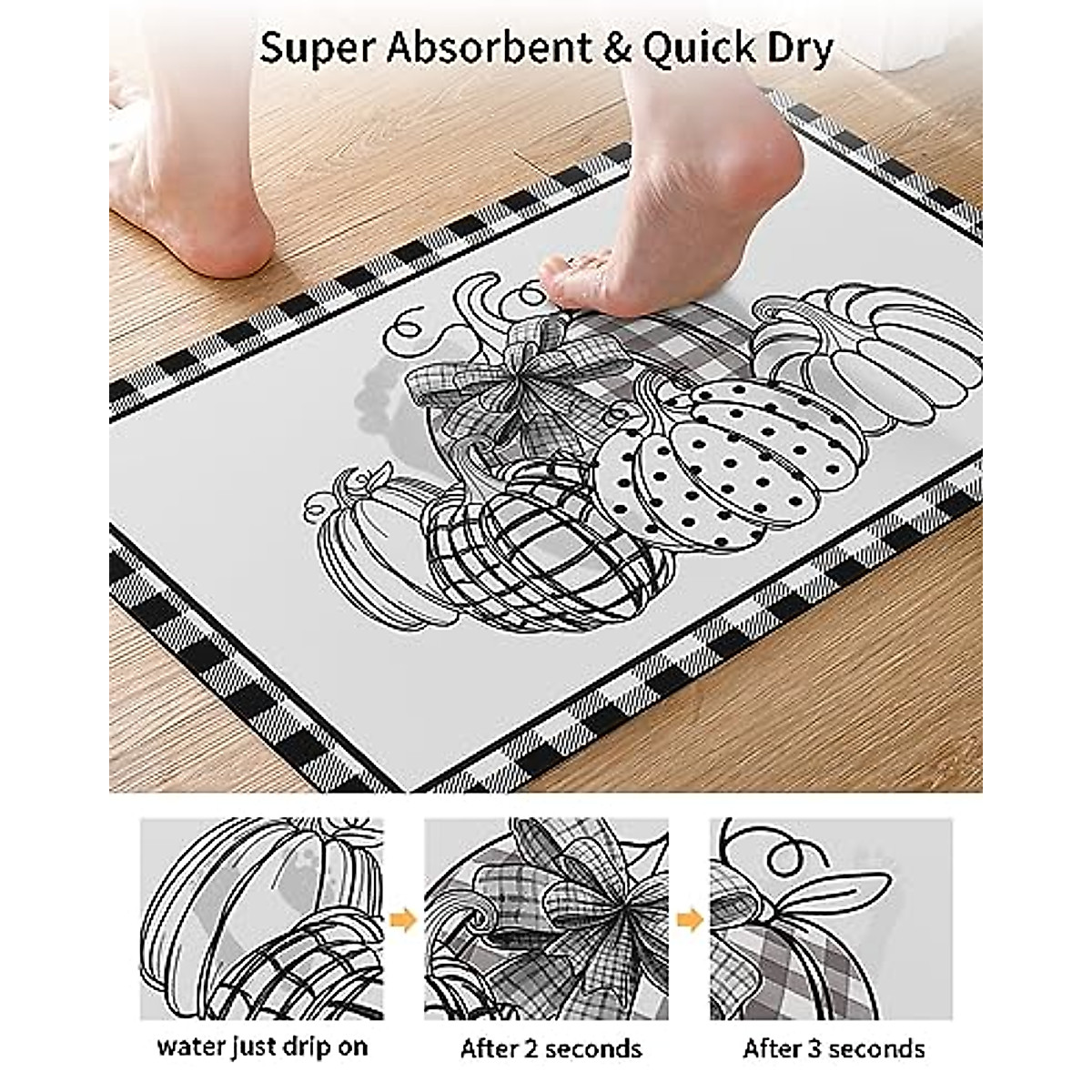 Black and White Bath Mat for Tub,Non Slip Bathroom Floor Runner Rug Quick Dry & Absorbent Diatomaceous Earth Kitchen Room Shower Sink Washable Doormat,Thanksgiving Pumpkin Boho Polka Dot Plaid 18"x30"