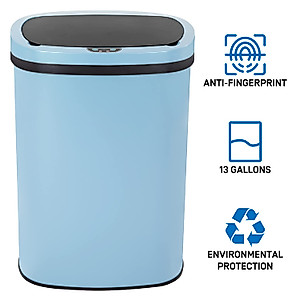 Trash Can 13 Gallon Automatic Kitchen Trash Can with Lid, 50L High Capacity Touchless Stainless Steel Garbage Can, Electronic Motion Sensor Smart Trash Cans Touch Free Garbage Bin Trash Bin, Blue