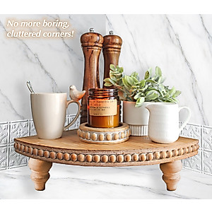 Farmhouse Corner Shelf Stand [with Removable Feet] - Bathroom Countertop Organizer, Decorative Tray Riser, Beaded Wooden Tray, Corner Tray Plant Stand, Coffee Bar Organizer for Kitchen Countertop