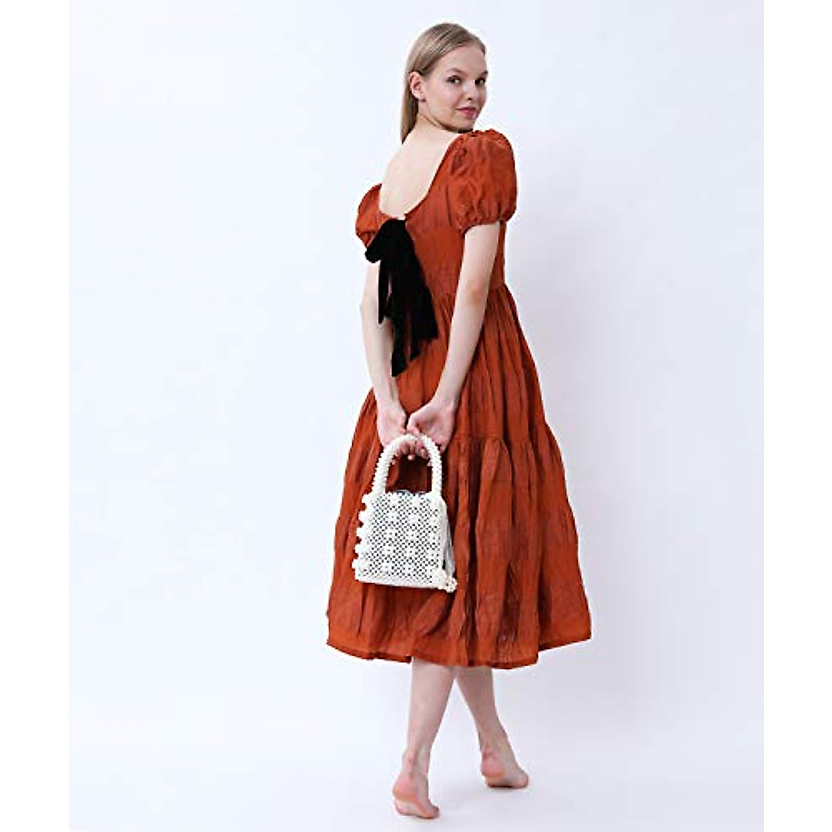 Miuco Womens Beaded Handbags Handmade Weave Crystal Pearl Tote Bags Cream