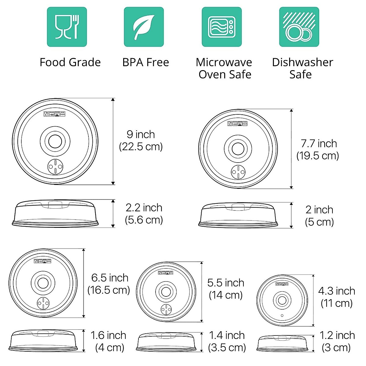 Flexzion Microwave Covers For Food Splatter Guard Protector (Set of 5, Green) - Food Cover Lid With Steam Ventilation Window Dish Washer Safe - Mixed Sizes For Large & Small Food Plates Bowls