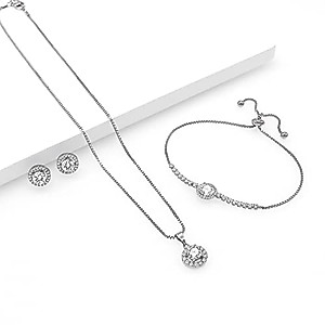 UDYLGOON Round Earrings Necklace Bracelet Jewelry Set For Women Bridal Bridesmaid Party Prom Daily (Silver)