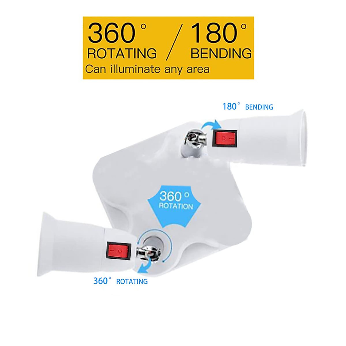 CLWHJ-360 Degrees Adjustable 2 in 1 E26/E27 Splitter Socket Adapter. E26/E27 Standard LED Bulbs 360 Degrees Adjustable 180 Degree Bendable Max Watt 120W (2 in 1)
