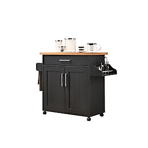 Hodedah Kitchen Island with Spice Rack, Towel Rack & Drawer, Black with Beech Top