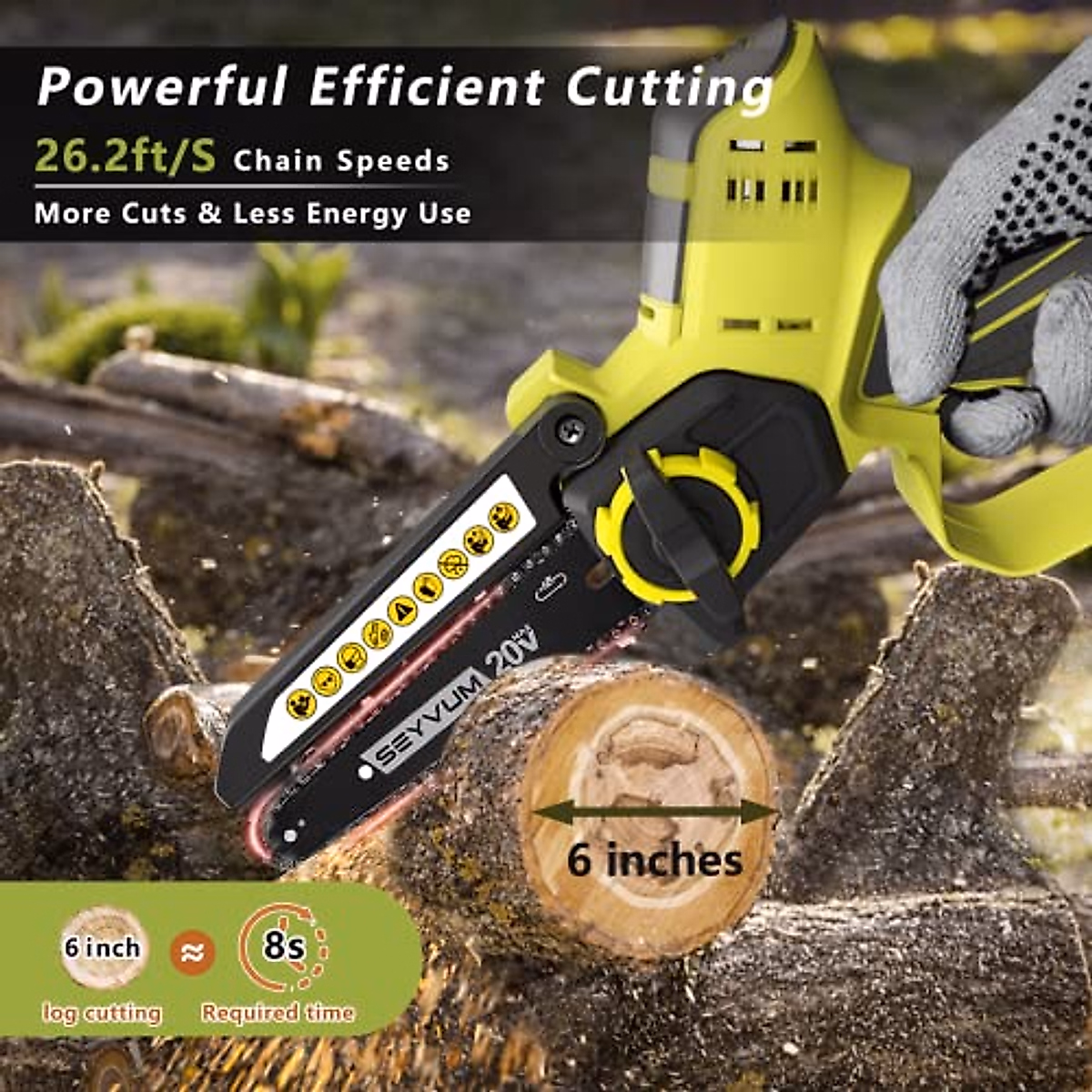 Mini Cordless Chainsaw Kit, SEYVUM Upgraded 6 Inch 2.9Lb One-Hand Handheld Electric Compact Portable Chainsaw, 20V 2.0Ah Rechargeable Battery Powered, for Tree Trimming and Branch Pruning Wood Cutting