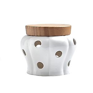 White Garlic Container, Potato Onion Kitchen storage Jar, 12 Vented Bamboo Wood Lid, Garlic Crisper, Food Storage Container (White)