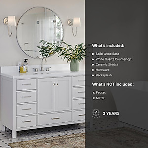 ARIEL Cambridge 55" White Bathroom Vanity with Sink, 1.5" Edge Pure White Quartz Countertop & Backsplash, Center Rectangular Sink, 2 Soft Closing Doors, 9 Full Extension Dovetail Drawers