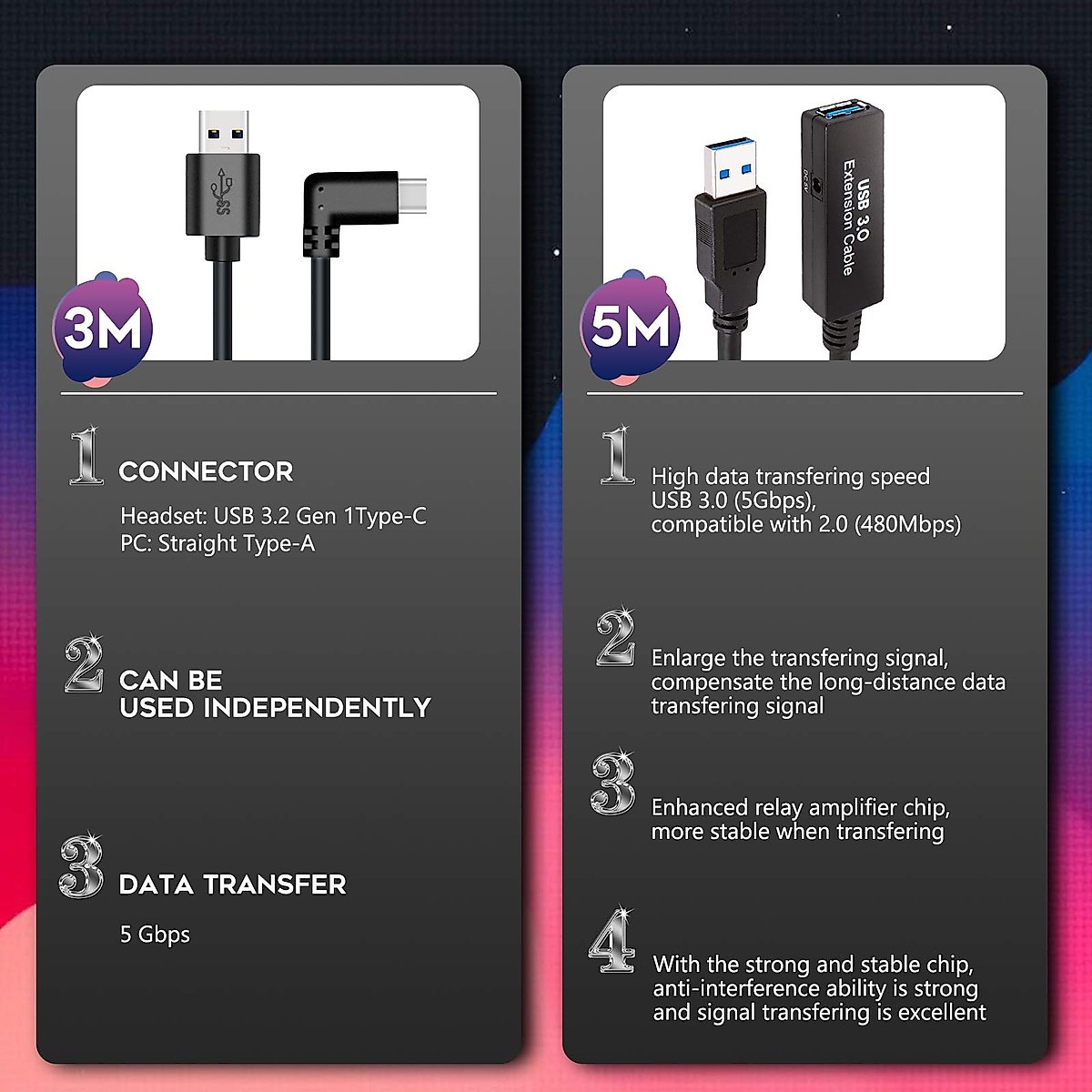 Orzero (1 Set) Total 8M, 26Ft USB Stable Data Cable Compatible for Quest 3, Quest, Quest 2 Link Steam VR, Extension Cable(5M) with Relay Amplifier Chip and USB 3.2 Gen 1 Cable(3M)