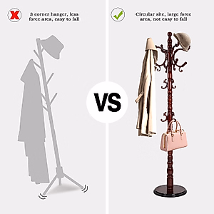 RUFXIEZW Coat Rack Freestanding, Wooden Tree Coat Rack Stand with 3 Adjustable Sizes Coat Tree and 14 Hooks, Sturdy Hall Tree with Solid Round Base for Entryway, Hallway, Bedroom (Reddish brown)