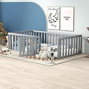 Harper & Bright Designs Twin Floor Bed with Rails, Montessori Floor Bed Wood Frame with Fence and Door, for Kids Girls Boys (Twin Size,Gray)