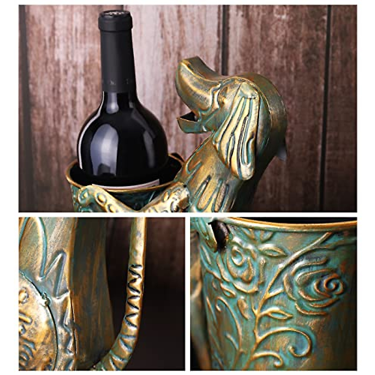 FANWNKI Metal Wine Bottle Holder Bronze Dog Sculpture Wine Rack Home Kitchen Tabletop Decor 11.4Inch