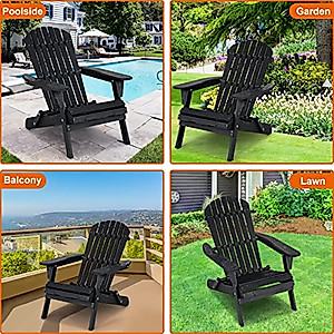 Folding Adirondack Chair Set of 2 Patio Chairs Weather Resistant Folding Outdoor Chair Solid Wooden Heavy Duty Reclining Fire Pit Chair for Deck, Lawn, Backyard, Garden-Black