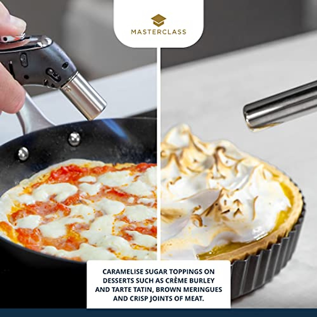 MasterClass Blow Torch, Refillable Chef Blow Torch, Adjustable Anti-flare Flame, Non-Slip Metal Body, Grey/Silver