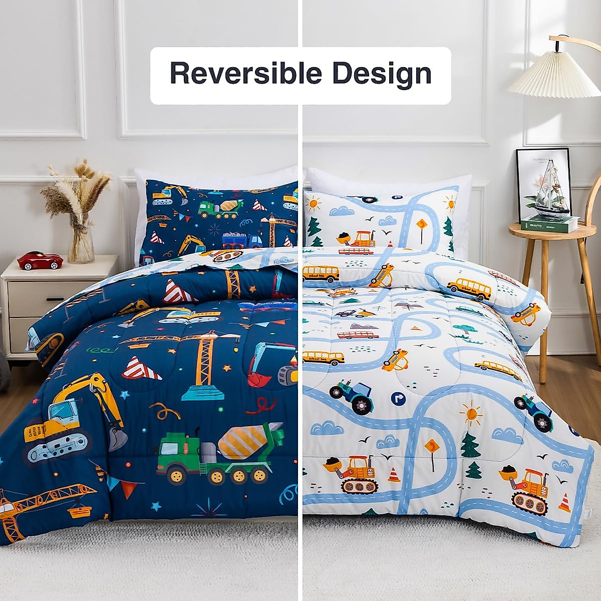Holawakaka Trucks Tractors Cars Boy Bedding Comforter Set with Sheets, Full Size Cartoon Construction Car Excavator Print Kids Bed in A Bag 5-Piece, Boys Reversible Dorm Bed Sets (Navy Blue Full)