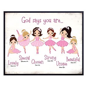 Ballet Nursery Bedroom Wall Art - God Says You Are Bible Verses - Religious Room Decor - Little Girls Toddler Baby Room decoration - Pink Ballerina Daughter Gift - Christianity Religion Poster 8x10