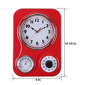 Lily's Home Retro Kitchen Clock with Temperature and Timer (Red)