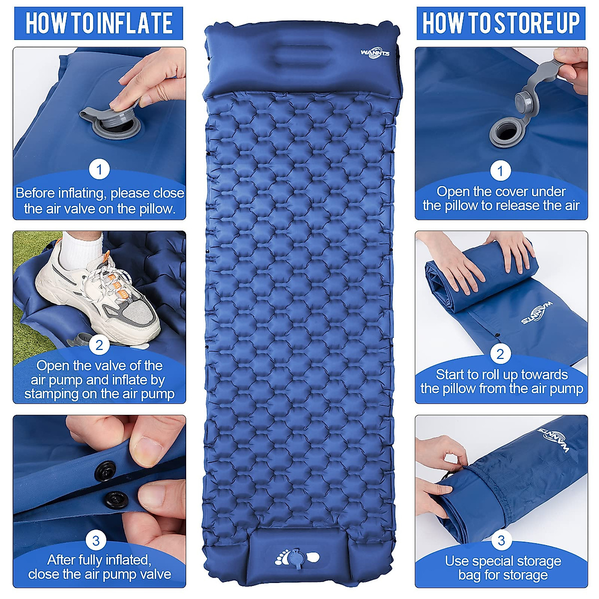 WANNTS Sleeping Pad, Ultralight Inflatable Sleeping Pad for Camping, Built-in Pump, Ultimate for Camping, Hiking - Airpad, Carry Bag, Repair Kit - Compact & Lightweight Camping Pad(Blue)