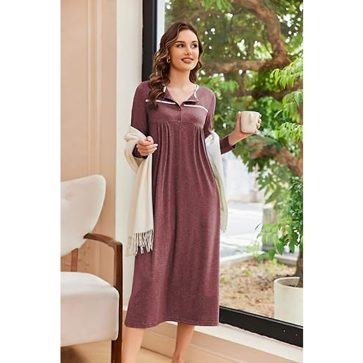 Ekouaer Long Nightgown for Women Nightgowns Soft Night Shirt sleepwear Long Sleeve Comfy Night Gowns Wine Red