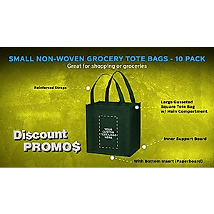 DISCOUNT PROMOS Custom Reusable Grocery Tote Bag for Shopping - 10 Pack - Personalized Logo, Text -Small Foldable Bags – Forest Green - 12.625"X13"X8.75"