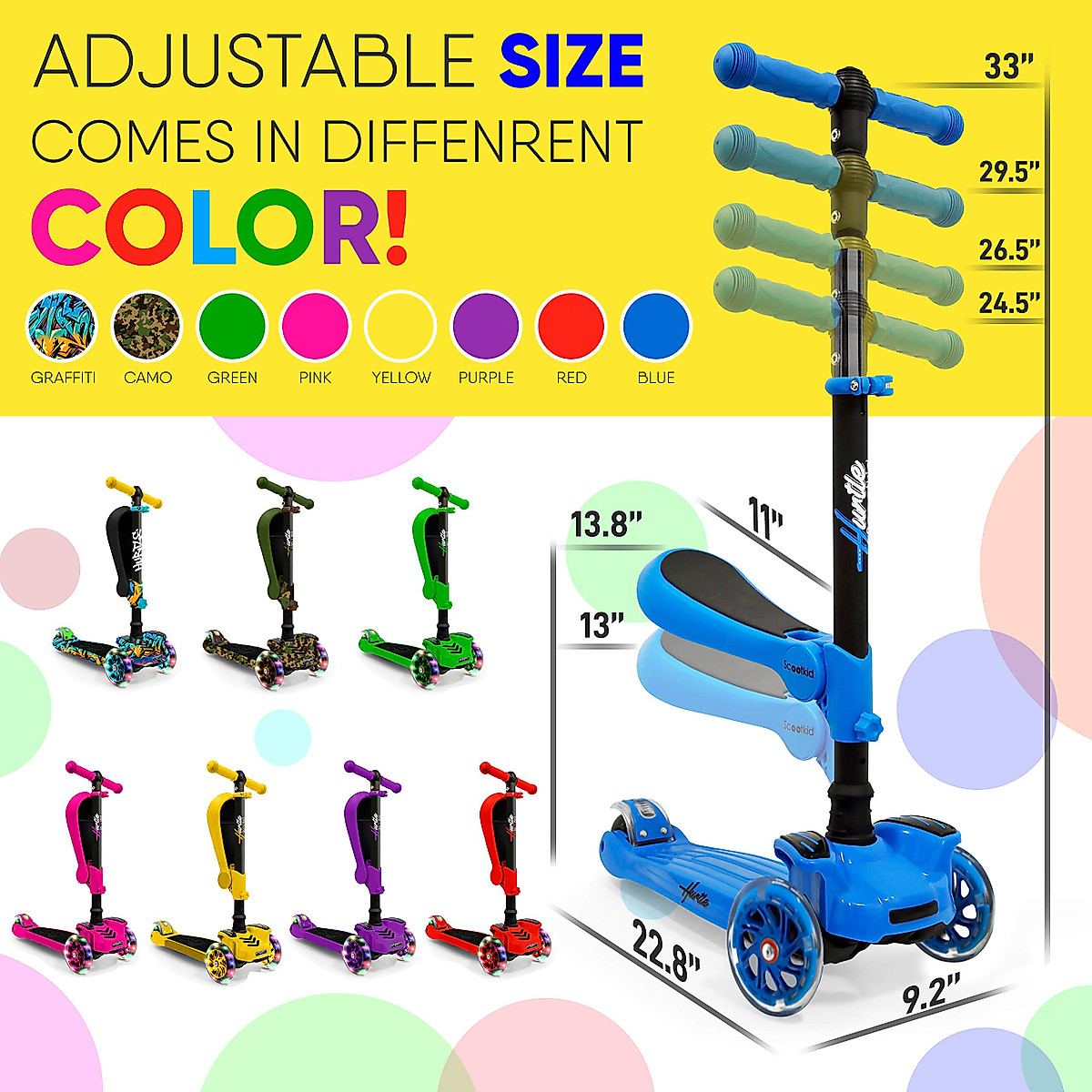 Hurtle 3-Wheeled Scooter for Kids - Wheel LED Lights, Adjustable Lean-to-Steer Handlebar, and Foldable Seat - Sit or Stand Ride with Brake for Boys and Girls Ages 1-14 Years Old - Blue