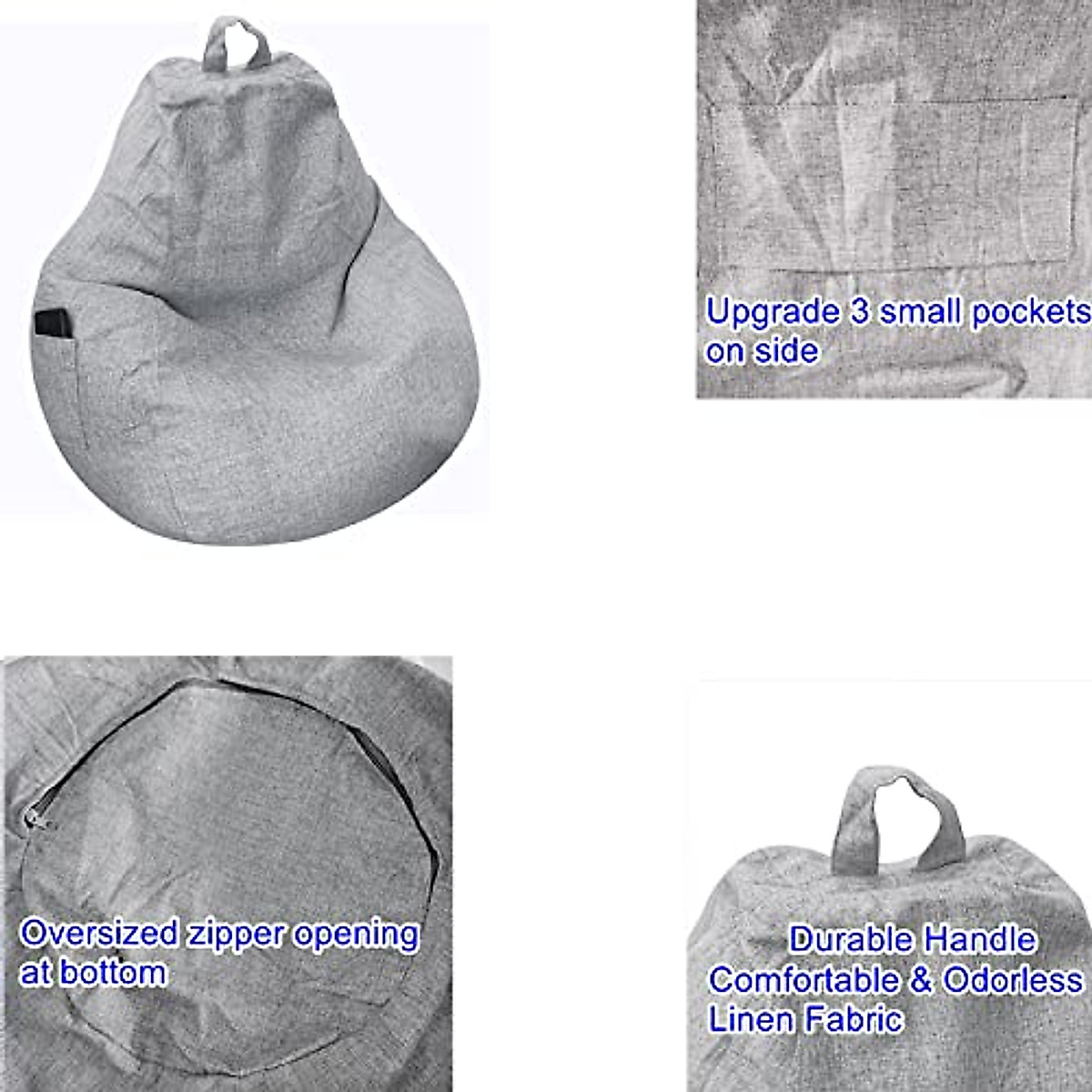 KOCKABC Bean Bag Chair Cover (No Filler), Upgrade Stuffed Animal Storage Bean Bag Chair Cover, Washable Cotton Linen Zipper Beanbag Replacement Cover (Light Gray, L: 39x47 inch)