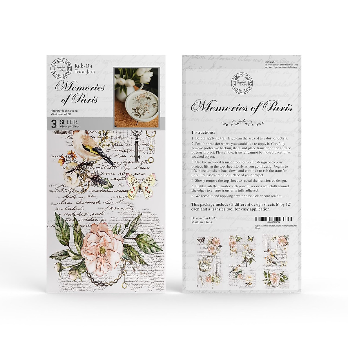 Rub on Transfers for Crafts and Furniture | 3 Design Sheets 6”x 12” | Home Decor Transfers | Furniture and Craft Decals | by Thymeless Designs (Memories of Paris)