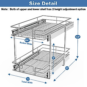 LOVMOR 2 Tier Individual Pull Out Cabinet Organizer 11" W x 21" D, Slide Out Kitchen Cabinet Storage Sliding Shelves