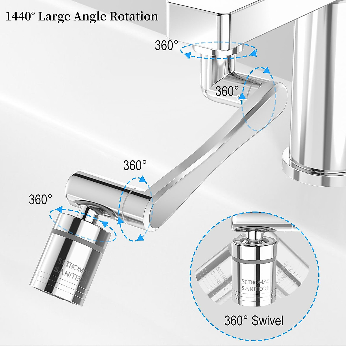 ST.THOMAS 1440°Swivel Faucet Extender,360° Swivel Robotic Arm Faucet Aerator,2 Sprayer Mode Kitchen Faucet Attachment Tap Head Replacement For Bathroom/Kitchen/Face/Kids Use