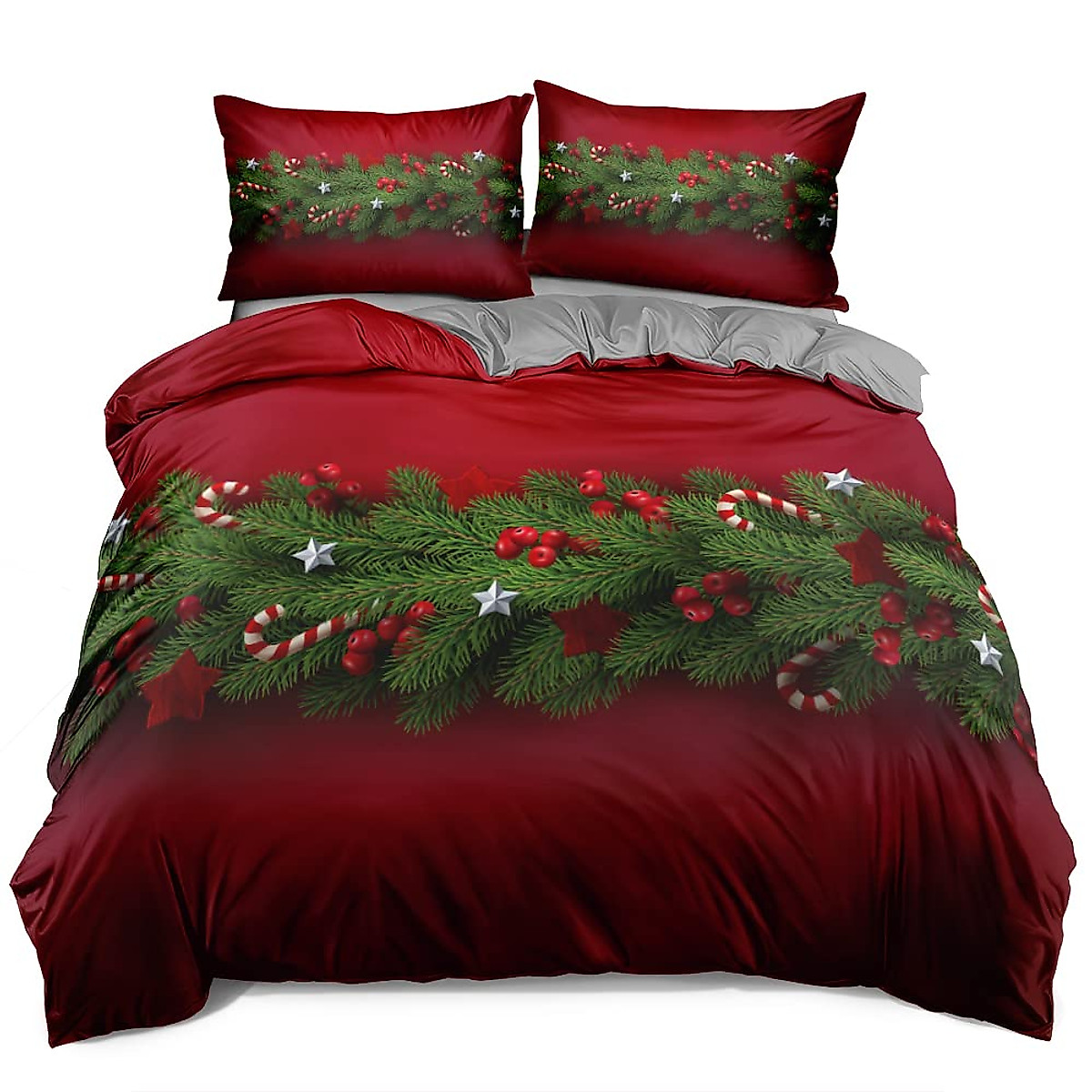 Holiyjog Red Christmas Duvet Cover Set King Size Green Tree Decr Comforter Covers and Pillow Shams Xmas Bed Linen Bedding Sets Twin Size Festive Bedroom Decor 3 Pieces Gray