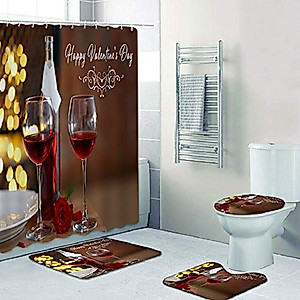 Jlong 4 Pcs Valentine's Day Shower Curtain Sets with Non-Slip Rug, Toilet Lid Cover and Bath Mat, Vintage Truck Gnomes Waterproof Shower Curtains with Hooks, Love Heart Tree Rose Bathroom Decor Set