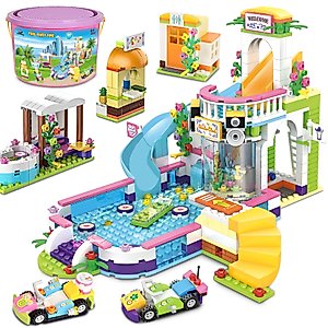 Friends Swimming Pool Building Set for Girls 6-12 Beach Pool Party Building Blocks Toys Water Park Building Includes Juice Bar and Car, Storage Box, Christmas Birthday Roleplay Gift for Kids Girls 7-9