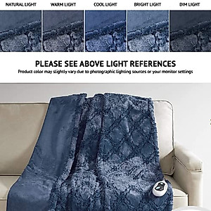 Beautyrest Brushed Long Fur Electric Throw Blanket Ogee Pattern Warm and Soft Heated Wrap with Auto Shutoff, 50 in x 60 in, Sapphire Blue