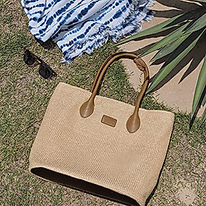 HOXIS Weekender Lightweight Synthetic Straw Shopper Tote Womens Shoulder Handbag (Brown)