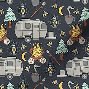 Spoonflower Fabric - Retro Camping Camper Campfire Fireflies Coffee Outdoors Printed on Petal Signature Cotton Fabric by The Yard - Sewing Quilting Apparel Crafts Decor