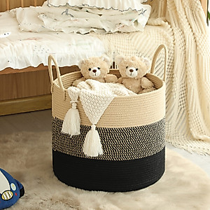 KAKAMAY Large Blanket Basket,Woven Baby Laundry Hamper for Storage, Cotton Rope Blankets Baskets for Nursery, Laundry, Living Room, Pillows, Baby Toy Chest with Handles (Black)