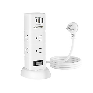 Power Strip Tower 6 Outlets with 3 USB Ports(PD20W & QC18W) Quick Desk Charging Station, 6 ft White Extension Cord, Flat Plug, Multi Plug Outlet Extender,1080 J Surge Protector for Home Office