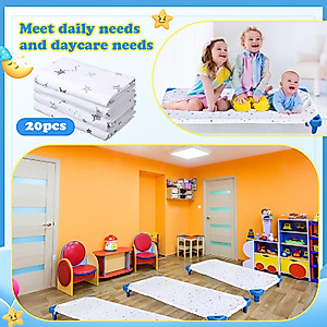 20 Pcs Daycare Cot Sheets for Toddler and Preschool Pure Cotton Breathable Fabric White Cot Sheets Standard Daycare Cot Bed Fitted Sheet for Boys and Girls, 51.18'' W x 23.62'' L (Star Moon Style)