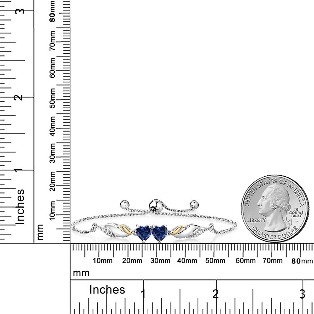 925 Sterling Silver and 10K Yellow Gold Blue Created Sapphire and White Lab Grown Diamond Tennis Bracelet For Women (1.02 Cttw, Gemstone Birthstone, Heart Shape 5MM, Fully Adjustable Up to 9 Inch)