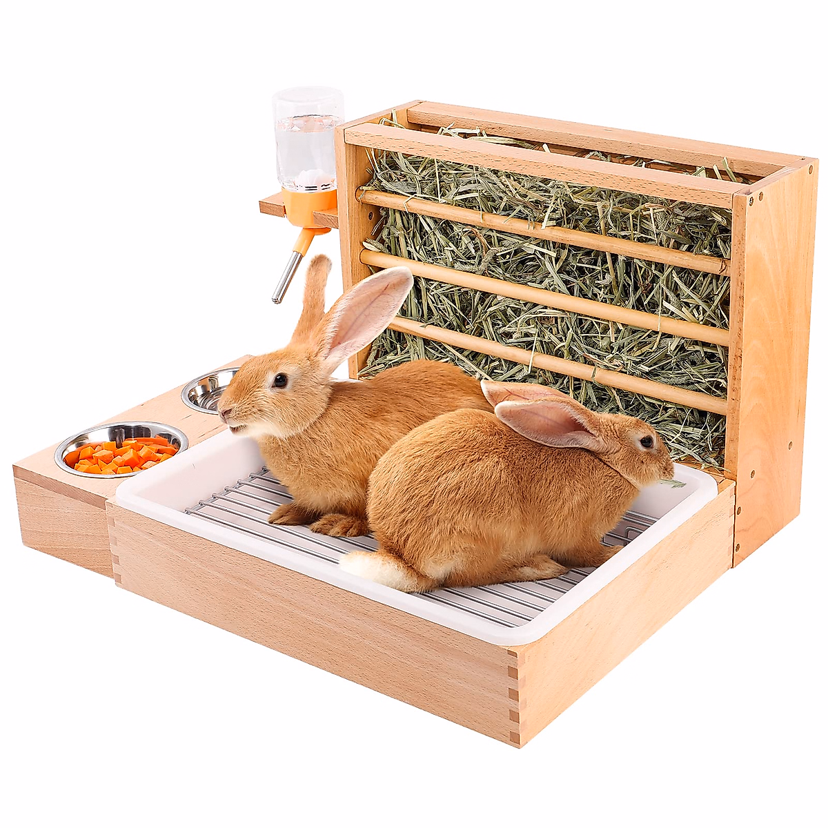 4 in 1 Rabbit Hay Feeder with Litter Box Bowls & Water Feeder, Safe Wooden Bunny Feeder Manger, Hay Holder Rack Toilet for Guinea Pig Hamster Small Animals